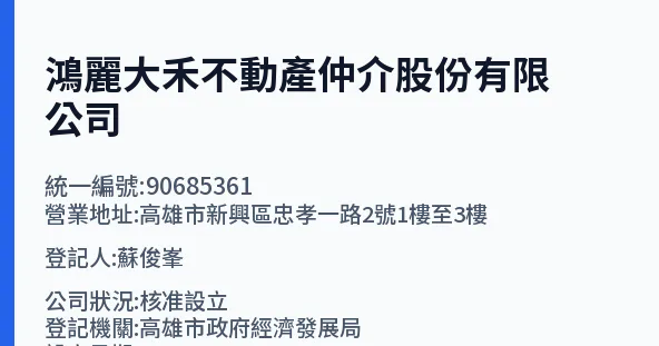 鴻麗大禾不動產仲介股份有限公司的照片-統編 90685361(高雄市) 公司登記資料與營業項目詳細圖表
