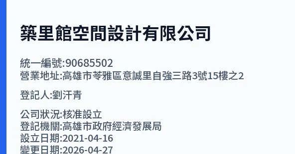 築里館空間設計有限公司的照片-統編 90685502(高雄市) 公司登記資料與營業項目詳細圖表