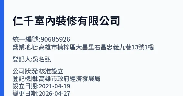 仁千室內裝修有限公司的照片-統編 90685926(高雄市) 公司登記資料與營業項目詳細圖表