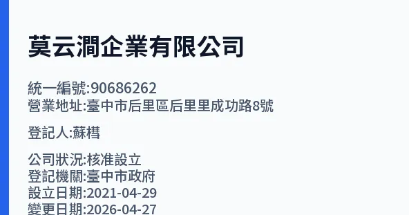 莫云澗企業有限公司的照片-統編 90686262(臺中市) 公司登記資料與營業項目詳細圖表