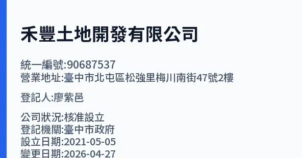 禾豐土地開發有限公司的照片-統編 90687537(臺中市) 公司登記資料與營業項目詳細圖表