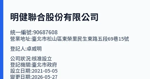 明健聯合股份有限公司的照片-統編 90687608(臺北市) 公司登記資料與營業項目詳細圖表
