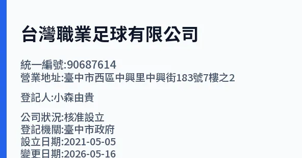 台灣職業足球有限公司的照片-統編 90687614(臺中市) 公司登記資料與營業項目詳細圖表