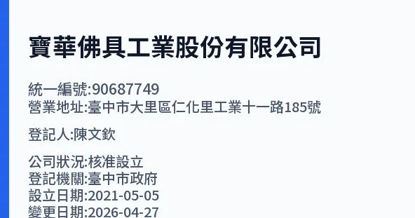 寶華佛具工業股份有限公司的照片-統編 90687749(臺中市) 公司登記資料與營業項目詳細圖表