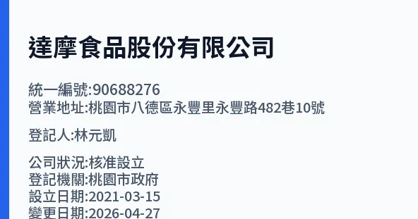 達摩食品股份有限公司的照片-統編 90688276(桃園市) 公司登記資料與營業項目詳細圖表