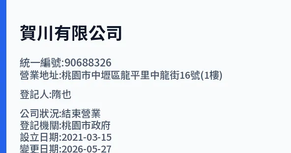 賀川有限公司的照片-統編 90688326(桃園市) 公司登記資料與營業項目詳細圖表