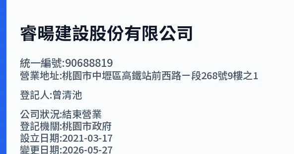 睿暘建設股份有限公司的照片-統編 90688819(桃園市) 公司登記資料與營業項目詳細圖表