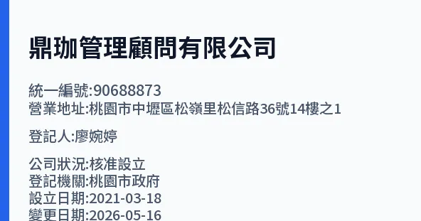 鼎珈管理顧問有限公司的照片-統編 90688873(桃園市) 公司登記資料與營業項目詳細圖表