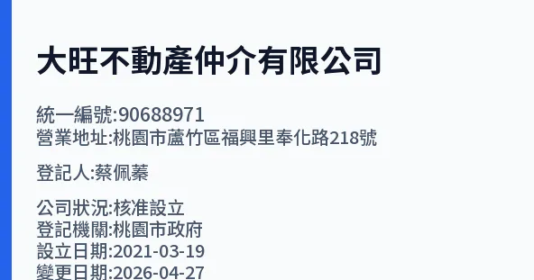 大旺不動產仲介有限公司的照片-統編 90688971(桃園市) 公司登記資料與營業項目詳細圖表