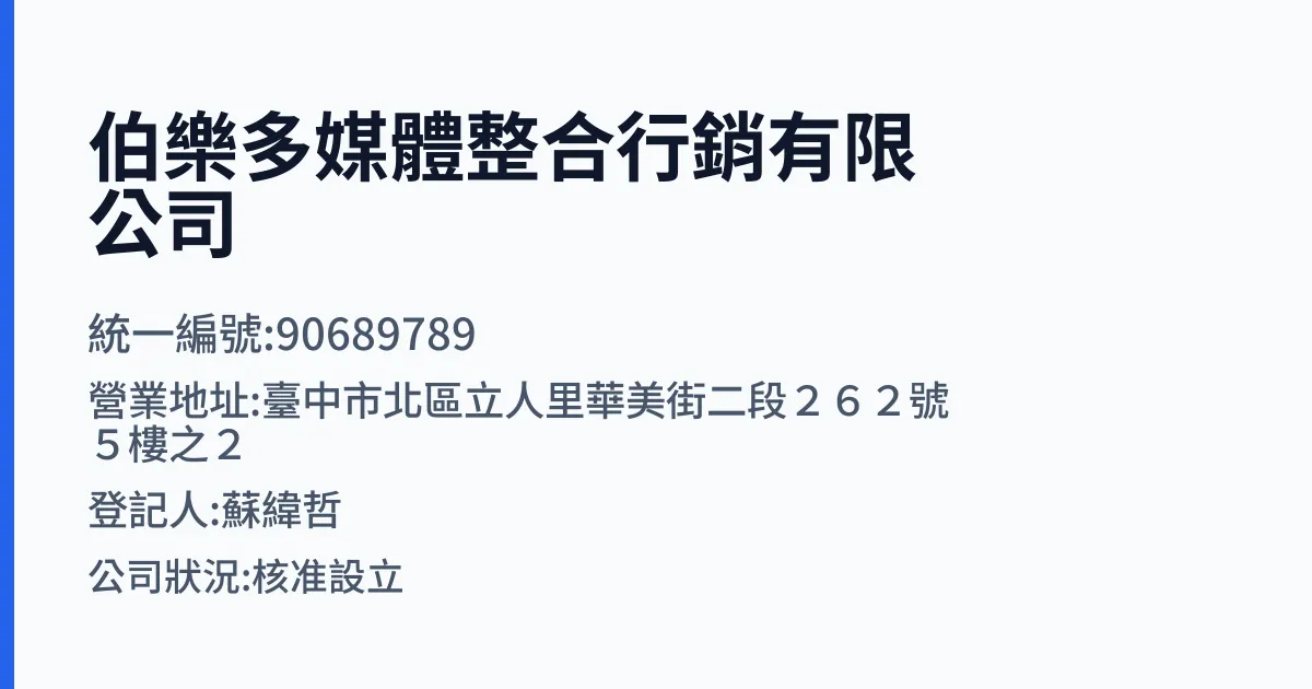 伯樂多媒體整合行銷有限公司 - 統編 90689789（臺中市） 公司登記資料與營業項目詳細圖表