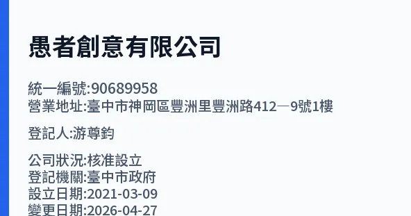 愚者創意有限公司的照片-統編 90689958(臺中市) 公司登記資料與營業項目詳細圖表