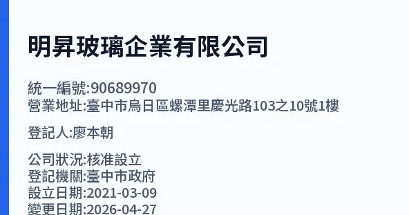 明昇玻璃企業有限公司的照片-統編 90689970(臺中市) 公司登記資料與營業項目詳細圖表