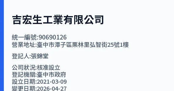吉宏生工業有限公司的照片-統編 90690126(臺中市) 公司登記資料與營業項目詳細圖表