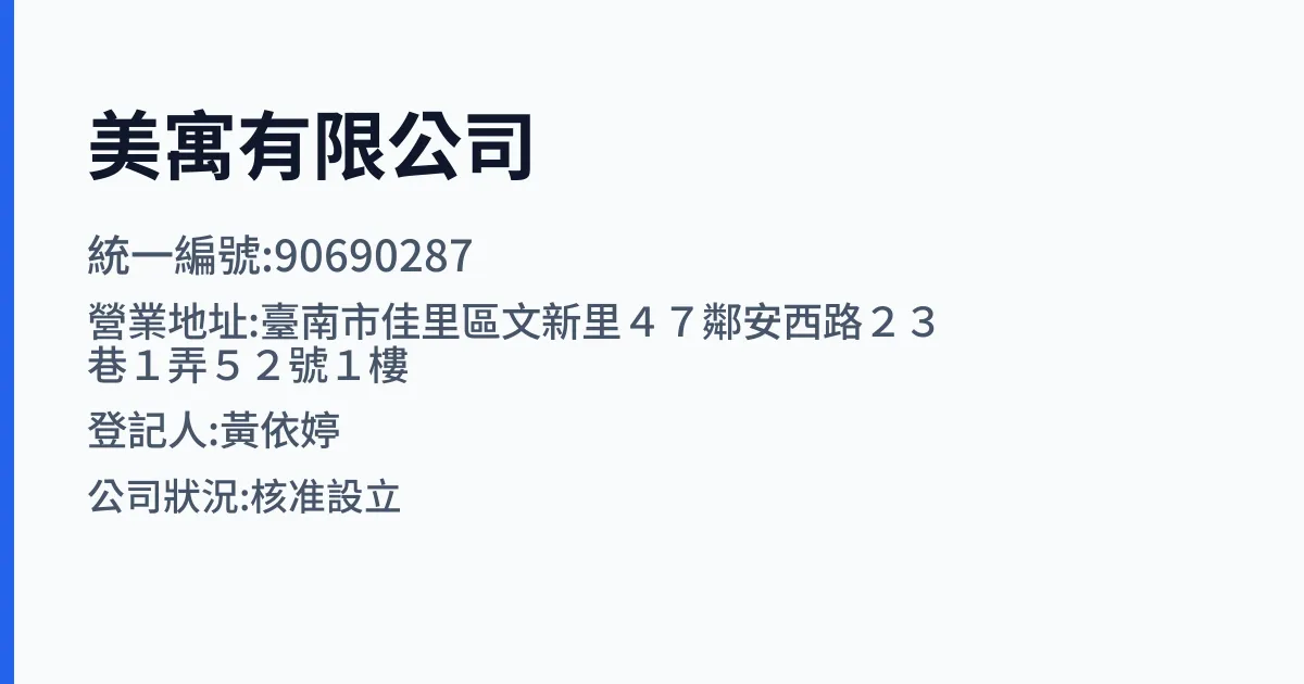 美寓有限公司 - 統編 90690287(臺南市) 公司登記資料與營業項目詳細圖表