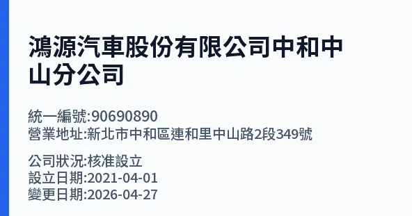 鴻源汽車股份有限公司中和中山分公司的照片-統編 90690890(新北市) 公司登記資料與營業項目詳細圖表