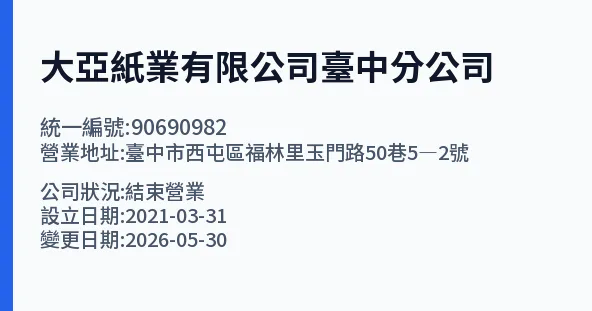大亞紙業有限公司臺中分公司的照片-統編 90690982(臺中市) 公司登記資料與營業項目詳細圖表