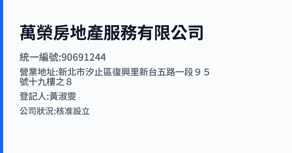 萬榮房地產服務有限公司 - 統編 90691244(新北市) 公司登記資料與營業項目詳細圖表