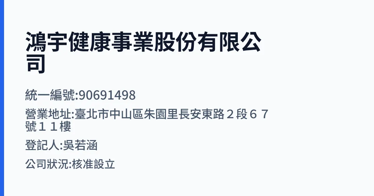 鴻宇健康事業股份有限公司 - 統編 90691498(新北市) 公司登記資料與營業項目詳細圖表