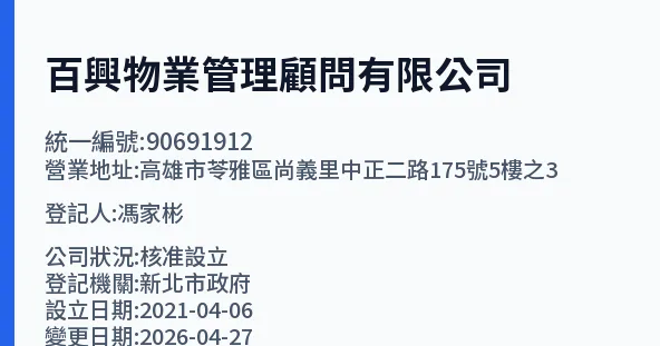 百興物業管理顧問有限公司的照片-統編 90691912(高雄市) 公司登記資料與營業項目詳細圖表