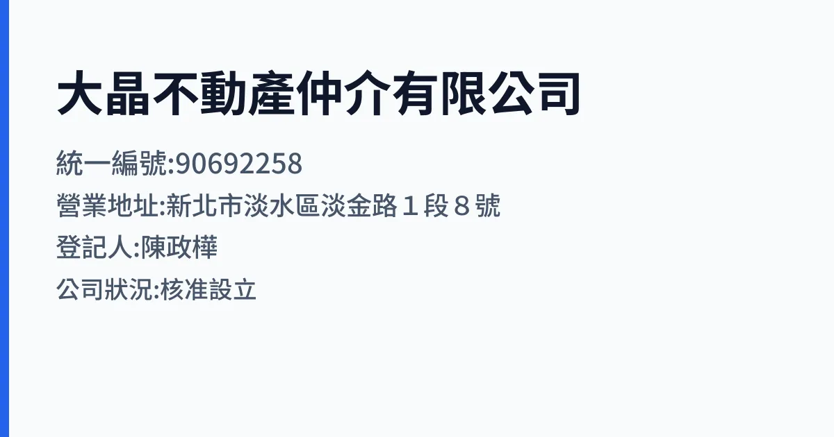 大晶不動產仲介有限公司 - 統編 90692258(新北市) 公司登記資料與營業項目詳細圖表