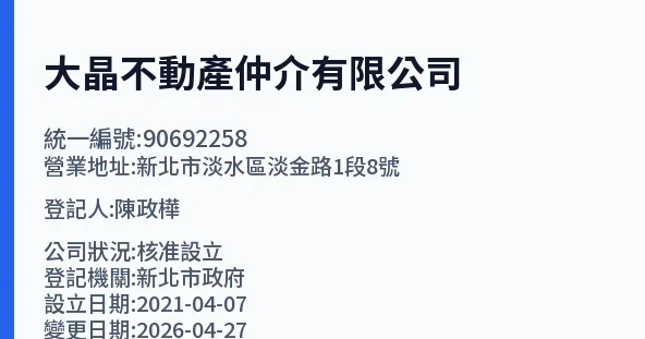 大晶不動產仲介有限公司的照片-統編 90692258(新北市) 公司登記資料與營業項目詳細圖表