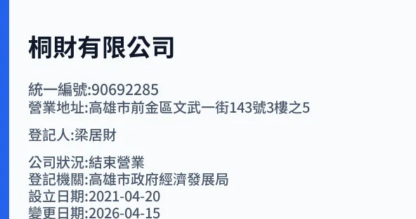 桐財有限公司的照片-統編 90692285(高雄市) 公司登記資料與營業項目詳細圖表