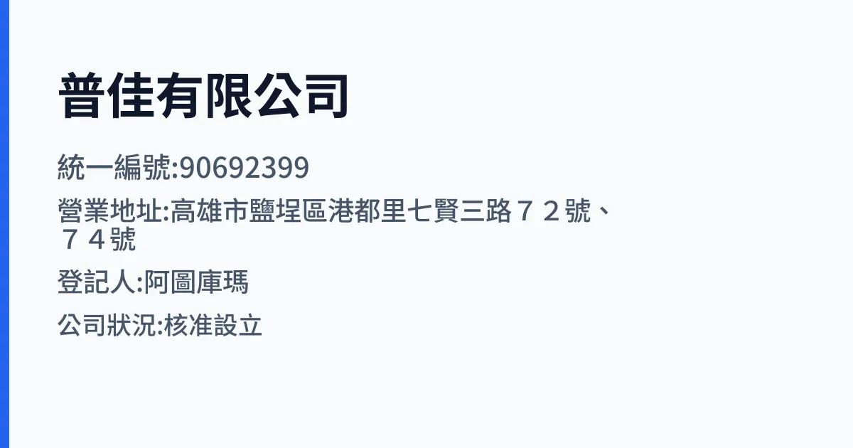 普佳有限公司 - 統編 90692399(高雄市) 公司登記資料與營業項目詳細圖表