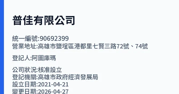 普佳有限公司的照片-統編 90692399(高雄市) 公司登記資料與營業項目詳細圖表