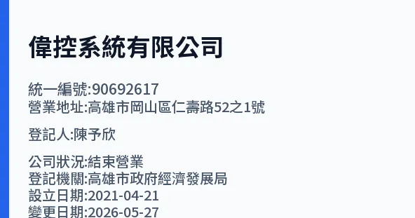偉控系統有限公司的照片-統編 90692617(高雄市) 公司登記資料與營業項目詳細圖表