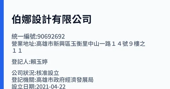 伯娜設計有限公司的照片-統編 90692692(高雄市) 公司登記資料與營業項目詳細圖表