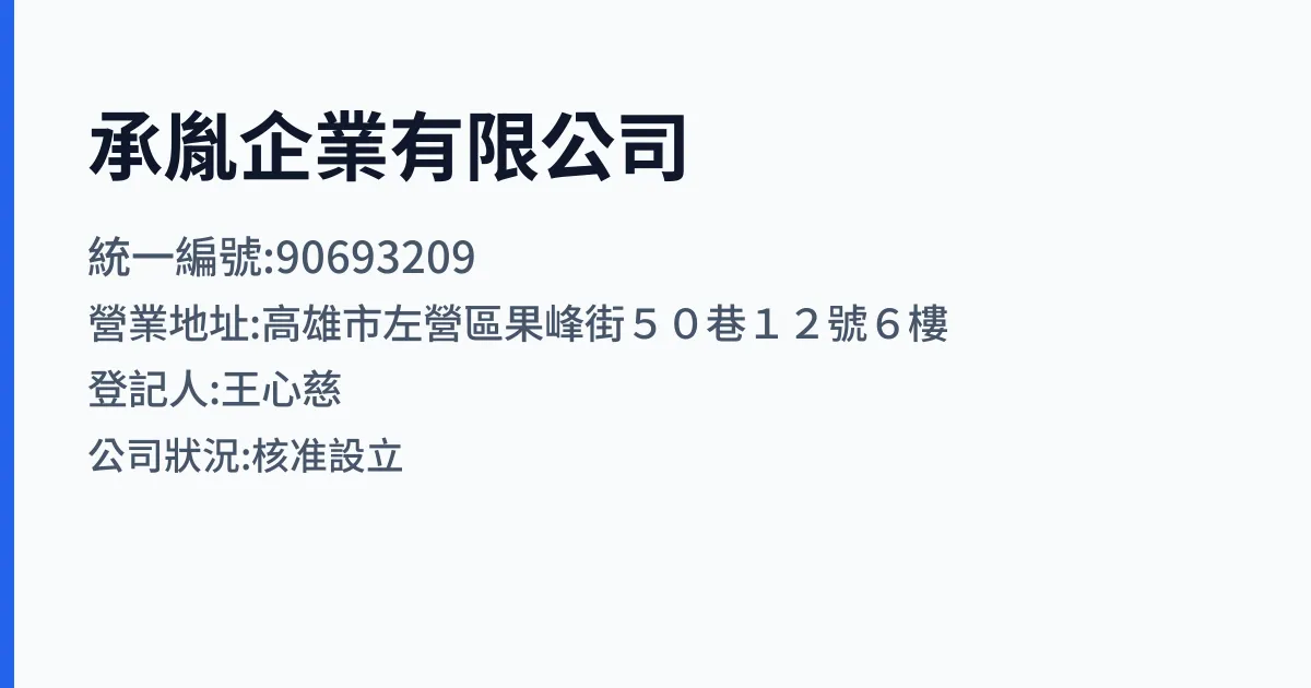 承胤企業有限公司 - 統編 90693209(高雄市) 公司登記資料與營業項目詳細圖表