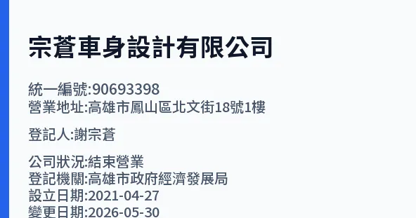 宗蒼車身設計有限公司的照片-統編 90693398(高雄市) 公司登記資料與營業項目詳細圖表