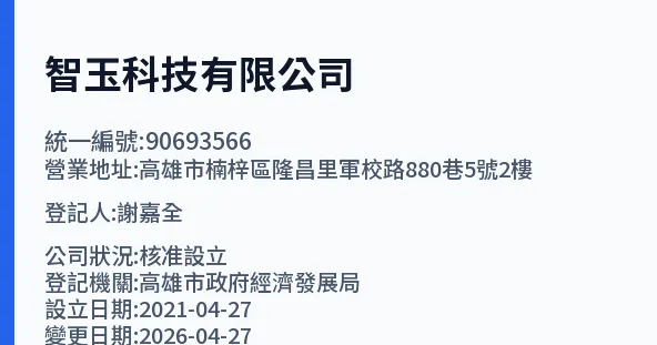 智玉科技有限公司的照片-統編 90693566(高雄市) 公司登記資料與營業項目詳細圖表