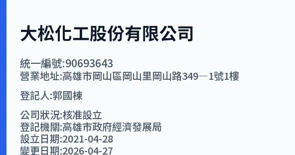 大松化工股份有限公司的照片-統編 90693643(高雄市) 公司登記資料與營業項目詳細圖表