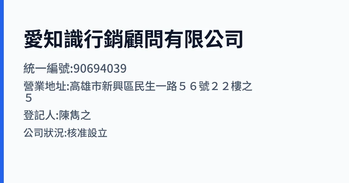 愛知識行銷顧問有限公司 - 統編 90694039(高雄市) 公司登記資料與營業項目詳細圖表