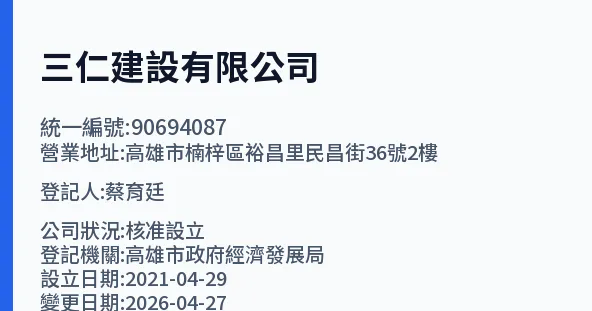 三仁建設有限公司的照片-統編 90694087(高雄市) 公司登記資料與營業項目詳細圖表