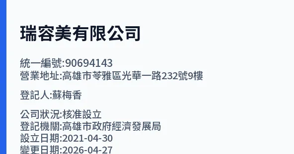 瑞容美有限公司的照片-統編 90694143(高雄市) 公司登記資料與營業項目詳細圖表