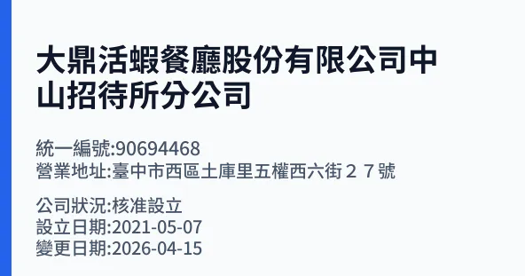 大鼎活蝦餐廳股份有限公司中山招待所分公司的照片-統編 90694468(臺中市) 公司登記資料與營業項目詳細圖表