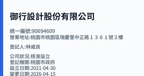 御行設計股份有限公司的照片-統編 90694609(桃園市) 公司登記資料與營業項目詳細圖表