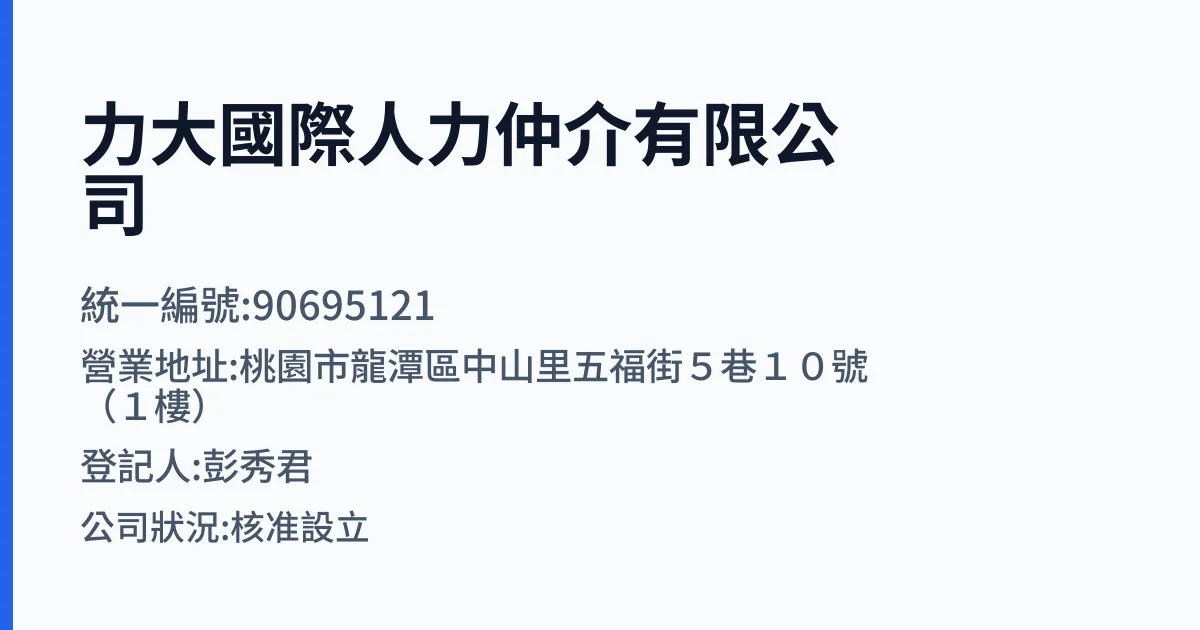 力大國際人力仲介有限公司 - 統編 90695121(桃園市) 公司登記資料與營業項目詳細圖表