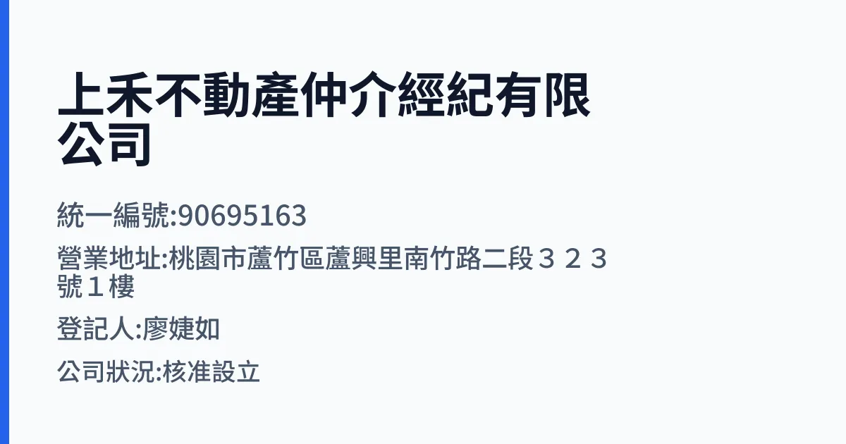 上禾不動產仲介經紀有限公司 - 統編 90695163(桃園市) 公司登記資料與營業項目詳細圖表