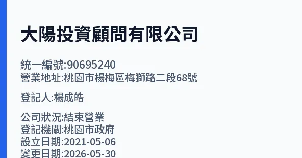 大陽投資顧問有限公司的照片-統編 90695240(桃園市) 公司登記資料與營業項目詳細圖表