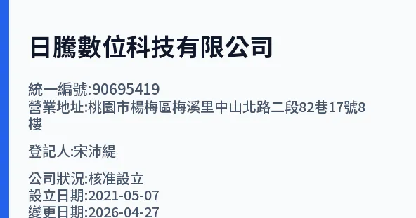 日騰數位科技有限公司的照片-統編 90695419(桃園市) 公司登記資料與營業項目詳細圖表