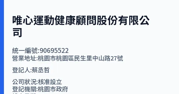 唯心運動健康顧問股份有限公司的照片-統編 90695522(桃園市) 公司登記資料與營業項目詳細圖表
