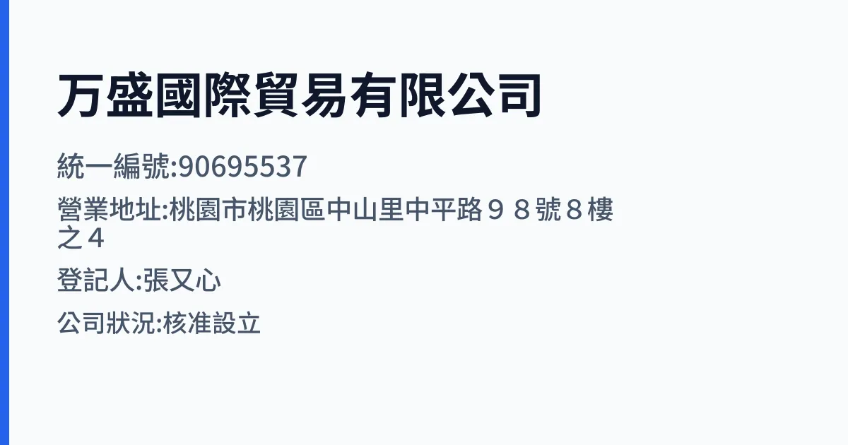 万盛國際貿易有限公司 - 統編 90695537(桃園市) 公司登記資料與營業項目詳細圖表