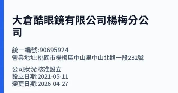 大倉酷眼鏡有限公司楊梅分公司的照片-統編 90695924(桃園市) 公司登記資料與營業項目詳細圖表