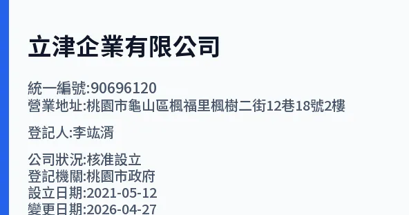 立津企業有限公司的照片-統編 90696120(桃園市) 公司登記資料與營業項目詳細圖表