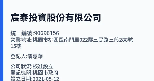 宸泰投資股份有限公司的照片-統編 90696156(桃園市) 公司登記資料與營業項目詳細圖表