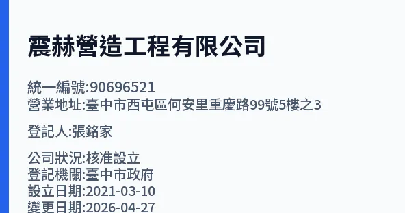 震赫營造工程有限公司的照片-統編 90696521(臺中市) 公司登記資料與營業項目詳細圖表