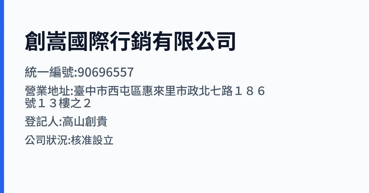 創嵩國際行銷有限公司 - 統編 90696557(臺中市) 公司登記資料與營業項目詳細圖表
